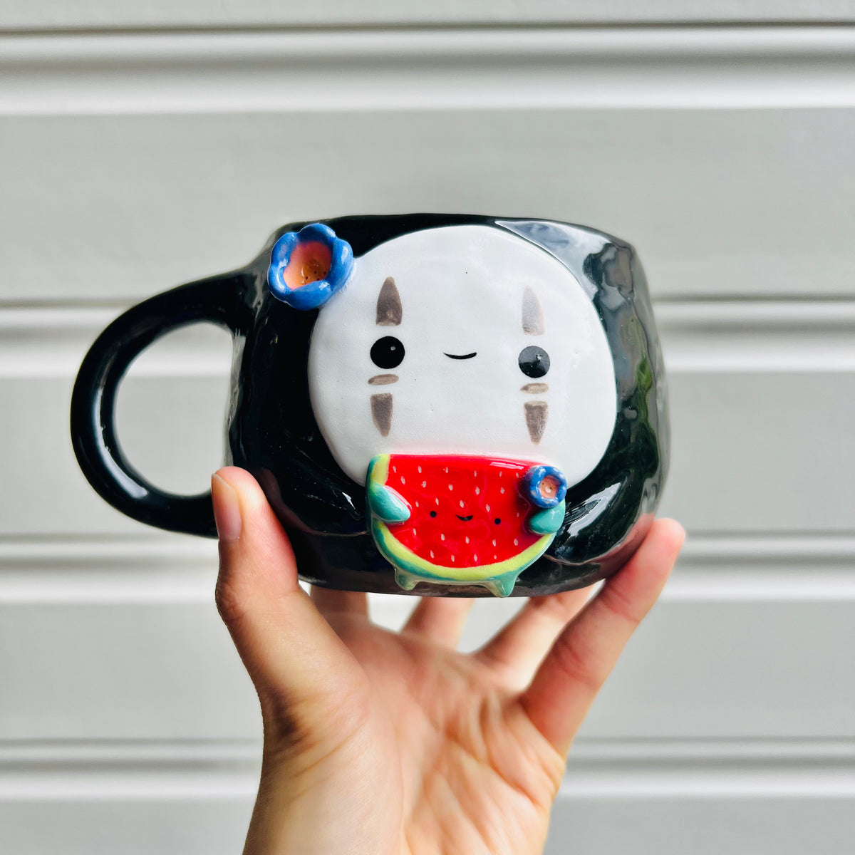 No Face mug with watermelon friend – Muld Pottery