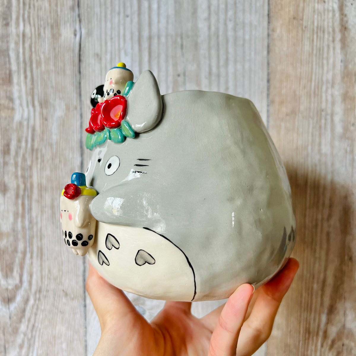 Flowery TOTORO POT with bubble tea and soot sprite friends – Muld Pottery